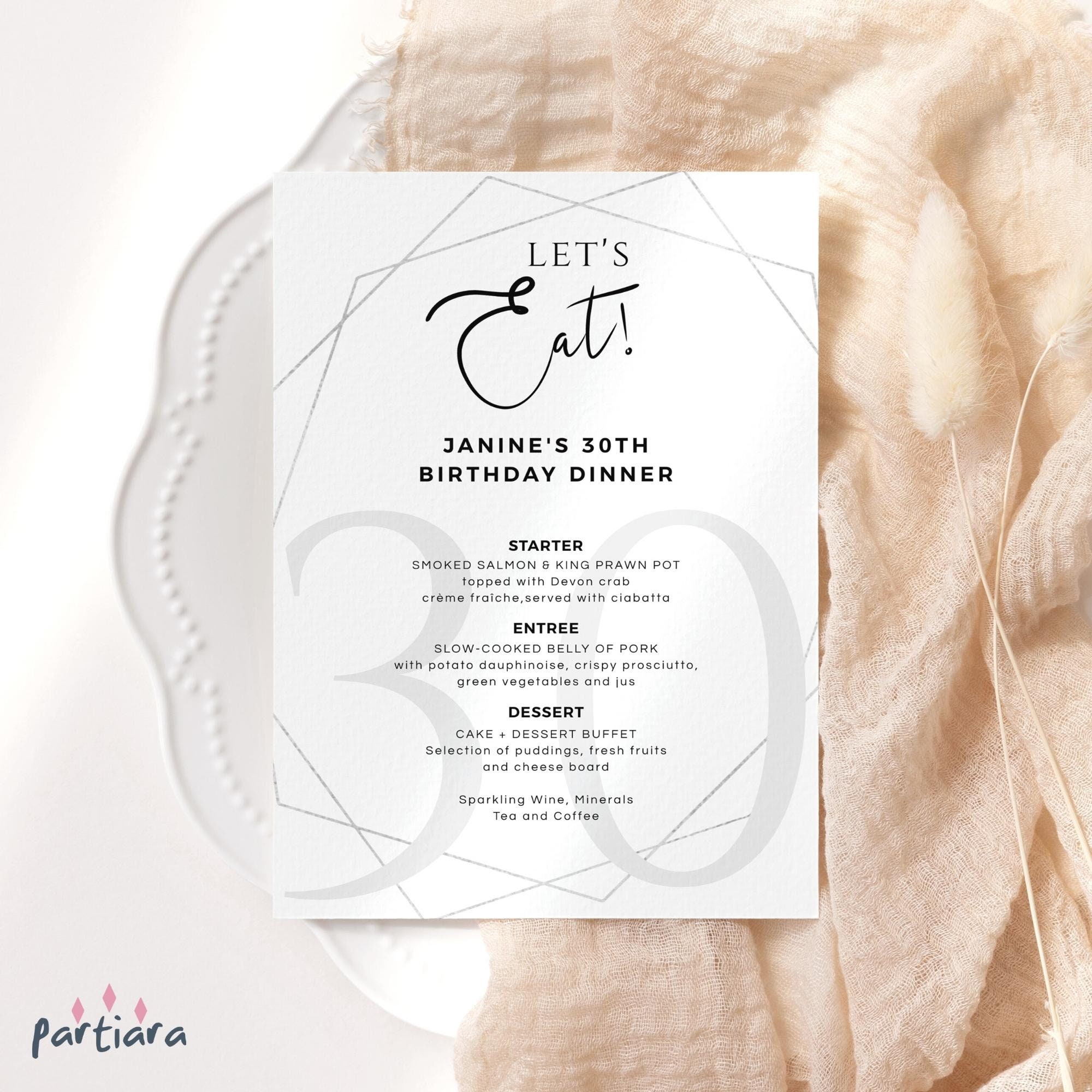 Birthday Menu Template Men or Ladies 30th 40th 50th 60th - Etsy