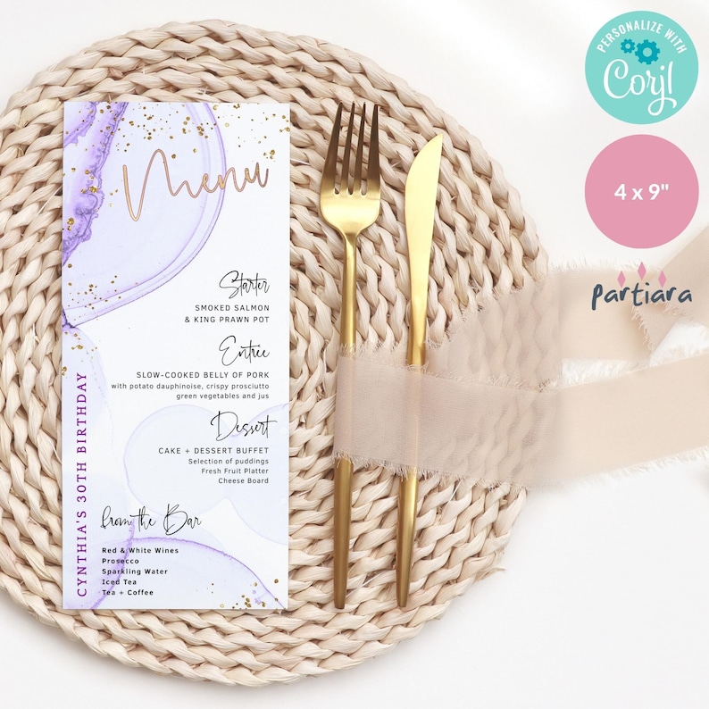 Purple Menu Dinner Table Decor Printable, Lilac and Gold Menus ...