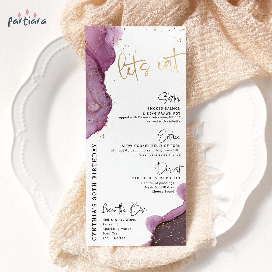 Burgundy Menu Card Editable Template, Birthday Table Menus Printable ...