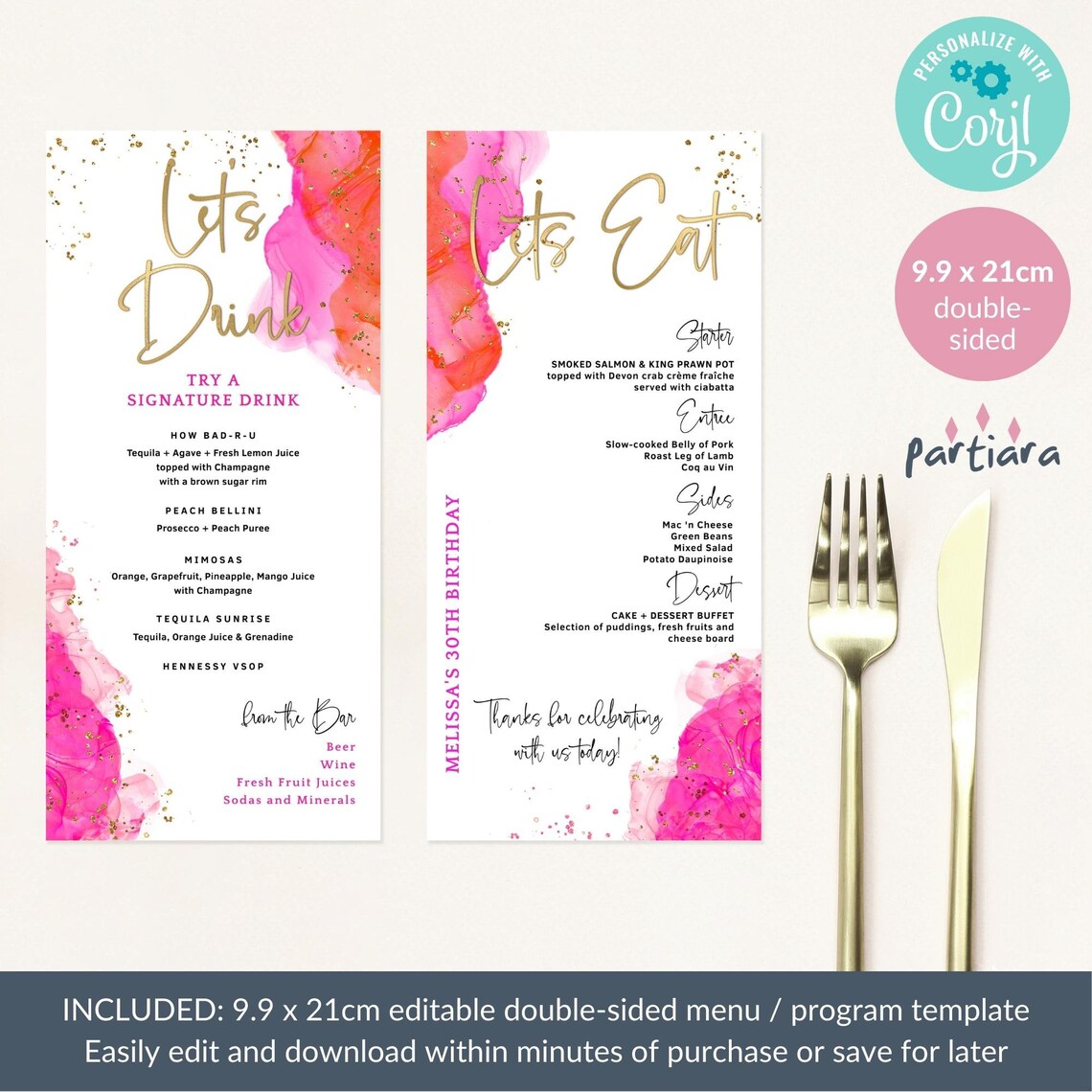 Birthday Dinner Menu Template: Girls Hot Pink Orange Lets Eat and Drink ...