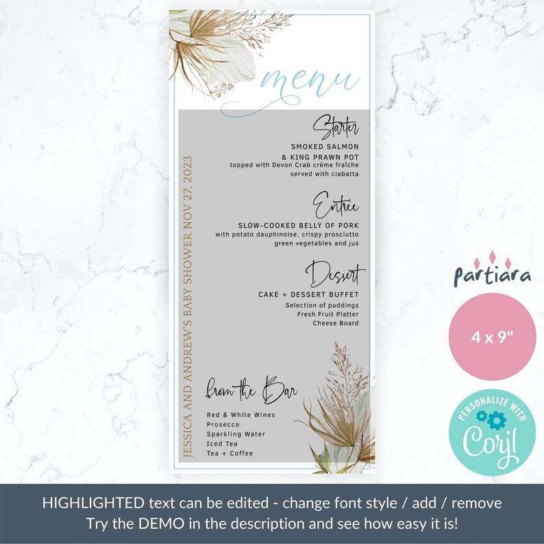 Pampas Grass Menu Printable Bohemian Party Menus Editable - Etsy