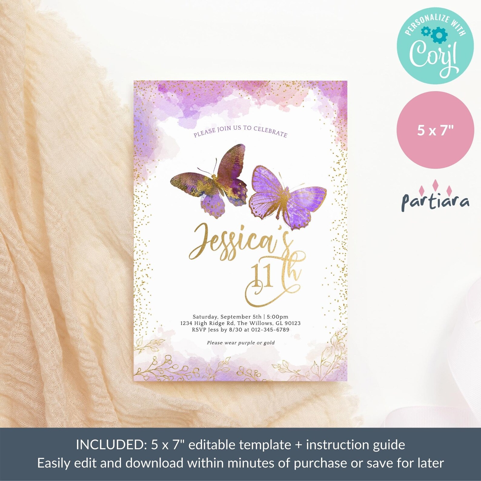 Birthday Invitations Girl 11th Party Invites Printable - Etsy