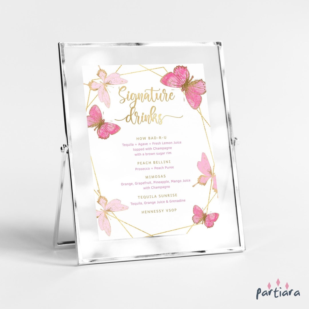 All Pink Butterfly Party Signature Drinks Menu Printable Ladies ...