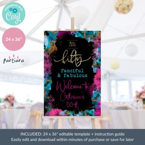 50th Birthday Sign Welcome Dinner Party Poster Decoration Hot Pink Teal ...