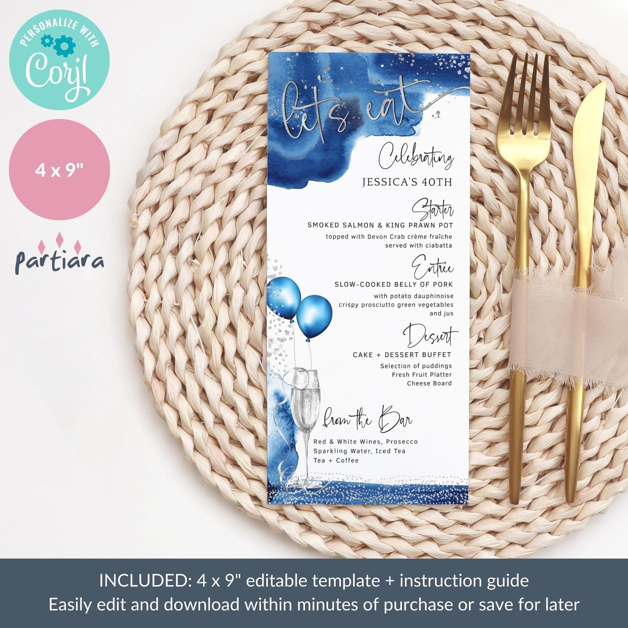 Blue Silver Menu Card Printable Birthday Menus for Men or Ladies Dinner ...