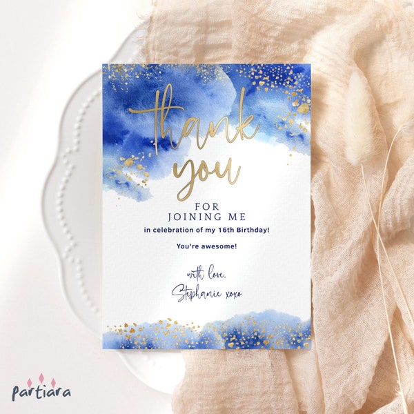 Royal Blue Silver Thank You Card Printable Ladies Birthday Party - Etsy