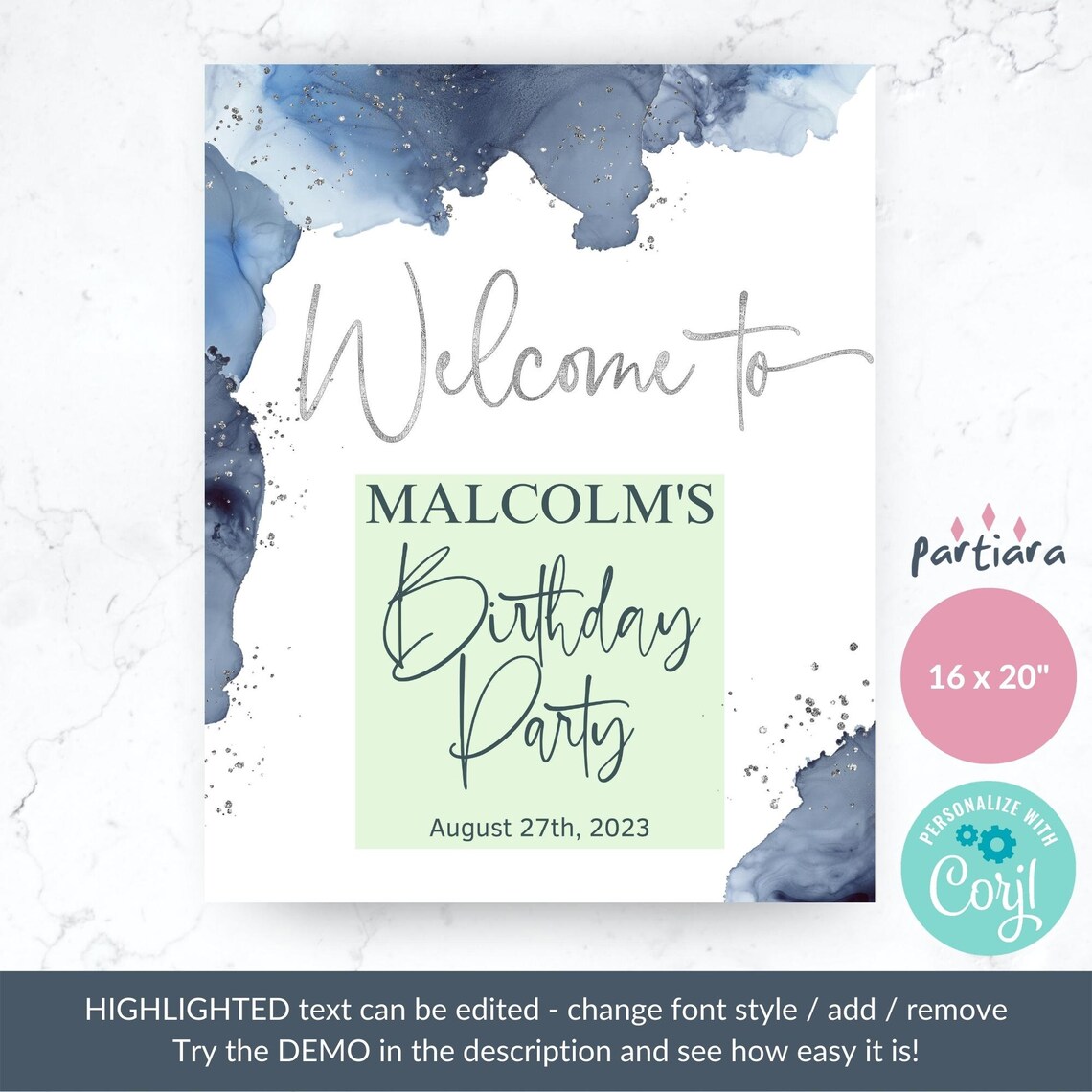 Navy Blue Silver Birthday Welcome Sign Printable Teens Boys - Etsy