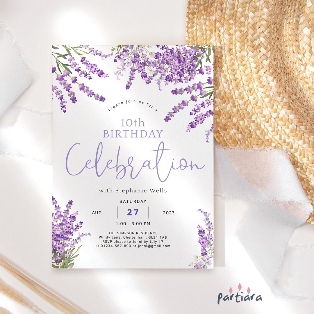 Editable Lavender Birthday Invite Template Girls or Ladies Brunch Lunch ...