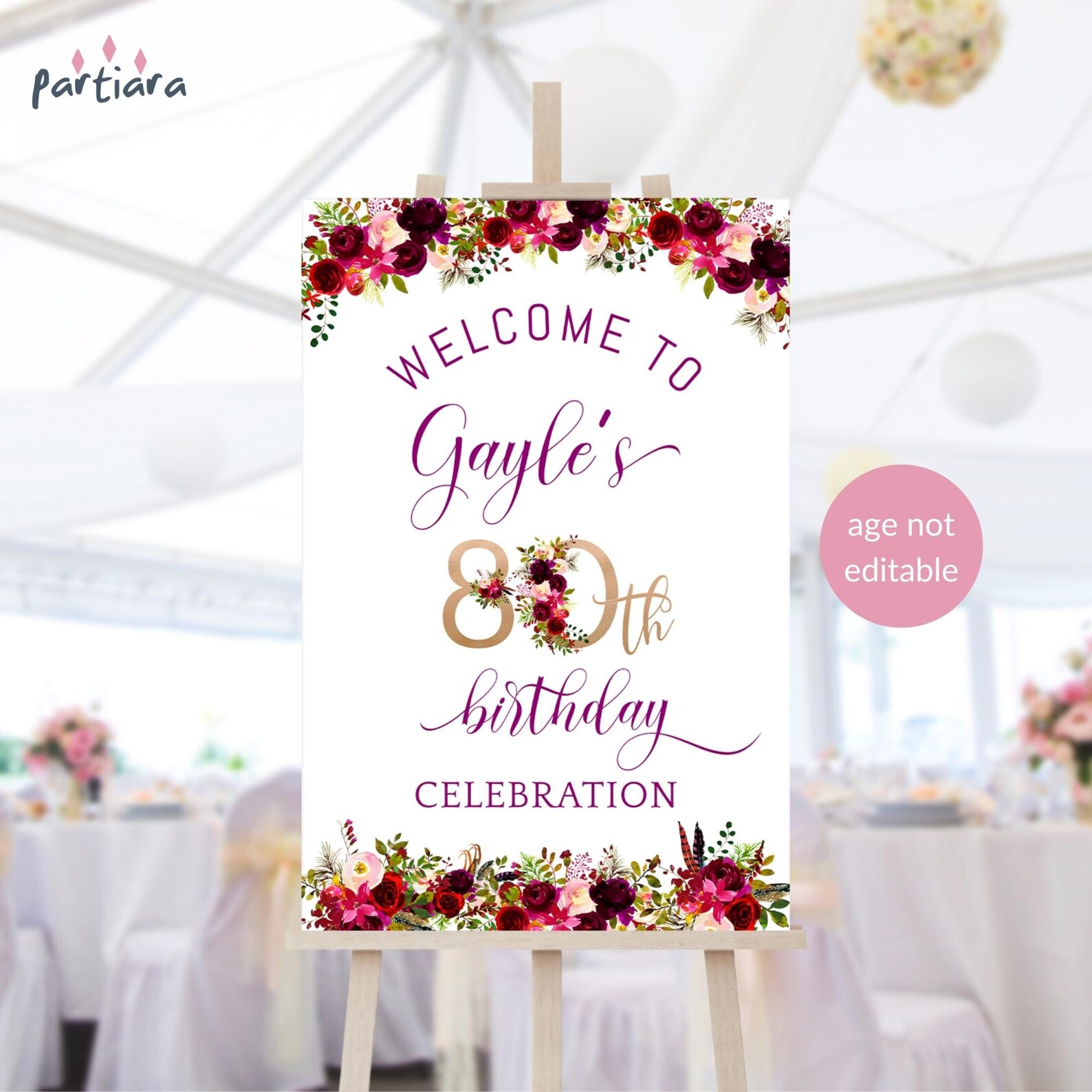 Ladies 80th Birthday Welcome Sign Printable Bohemian Purple Red Floral ...