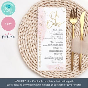 Baby Girl Menu Card Baby Shower Slim Table Menus Printable Blush Pink ...