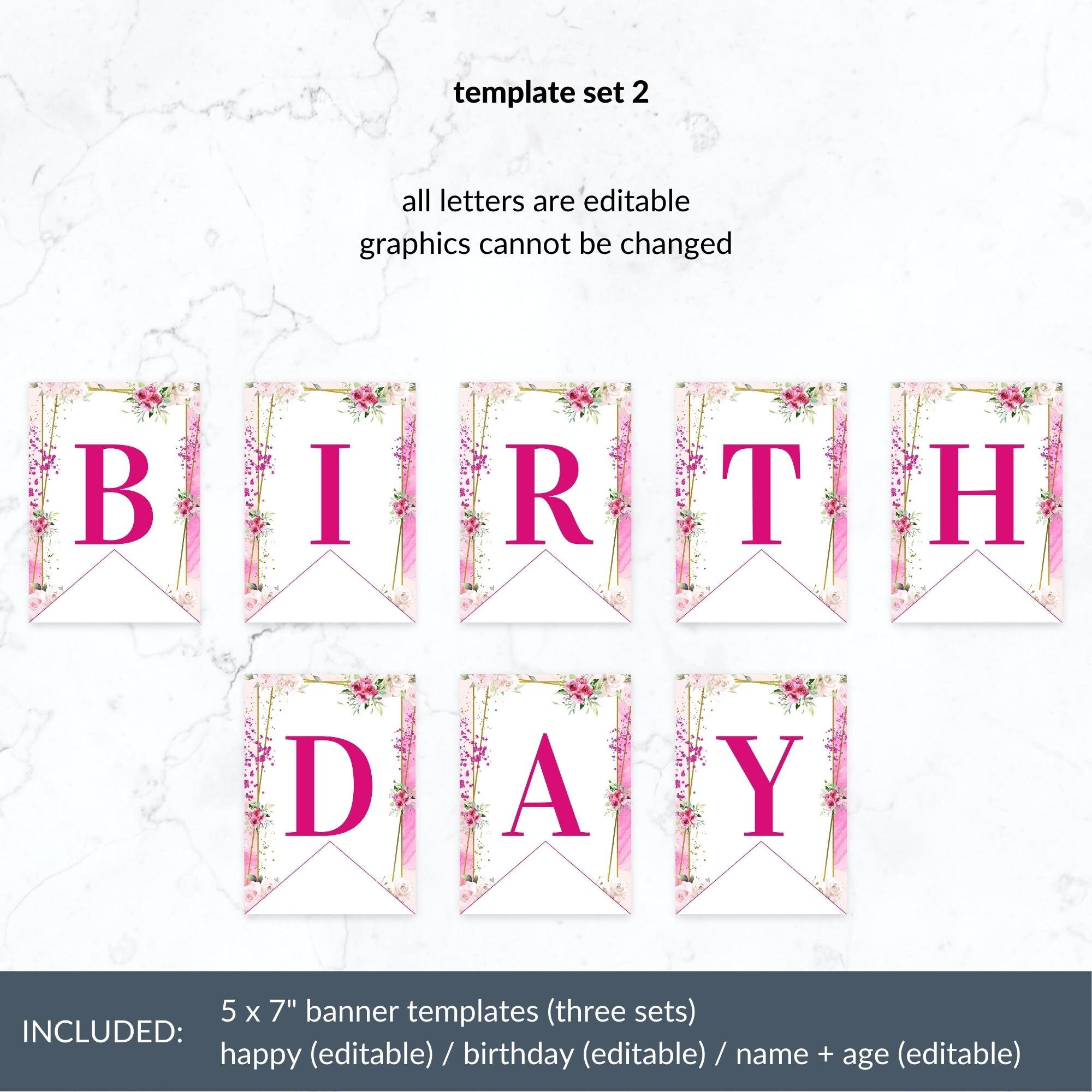 Pink Floral Birthday Banner Bunting Flags Printable Ladies - Etsy