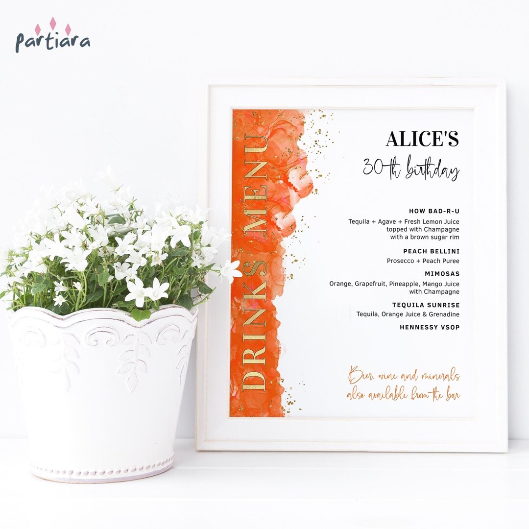 Drinks Menu Sign, Birthday Bar Menus Printable, Orange Gold Party Table ...
