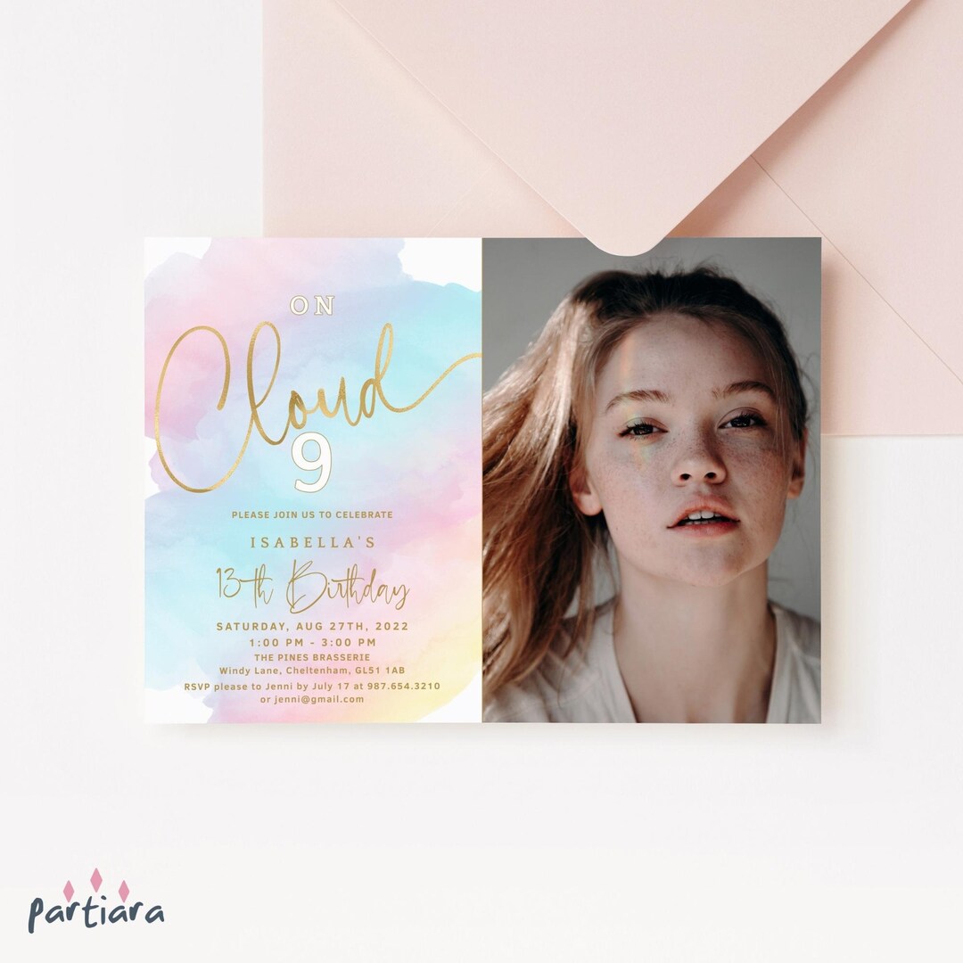 9th Birthday Invite Girl Cloud 9 Party Invitation Photo Invites Card ...