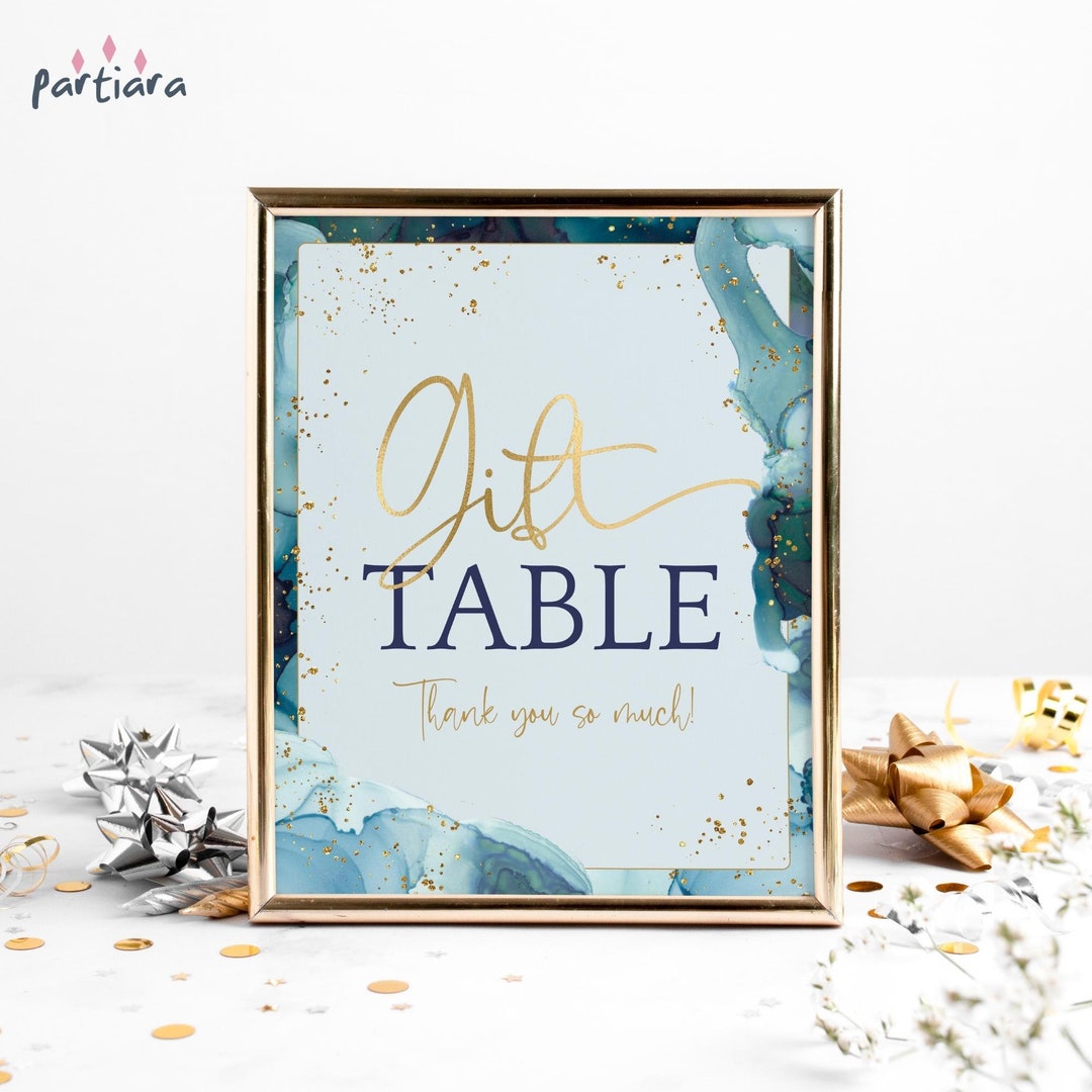 Teal Birthday Gifts Sign, Blue Gold Party Gifts and Cards Table Poster ...