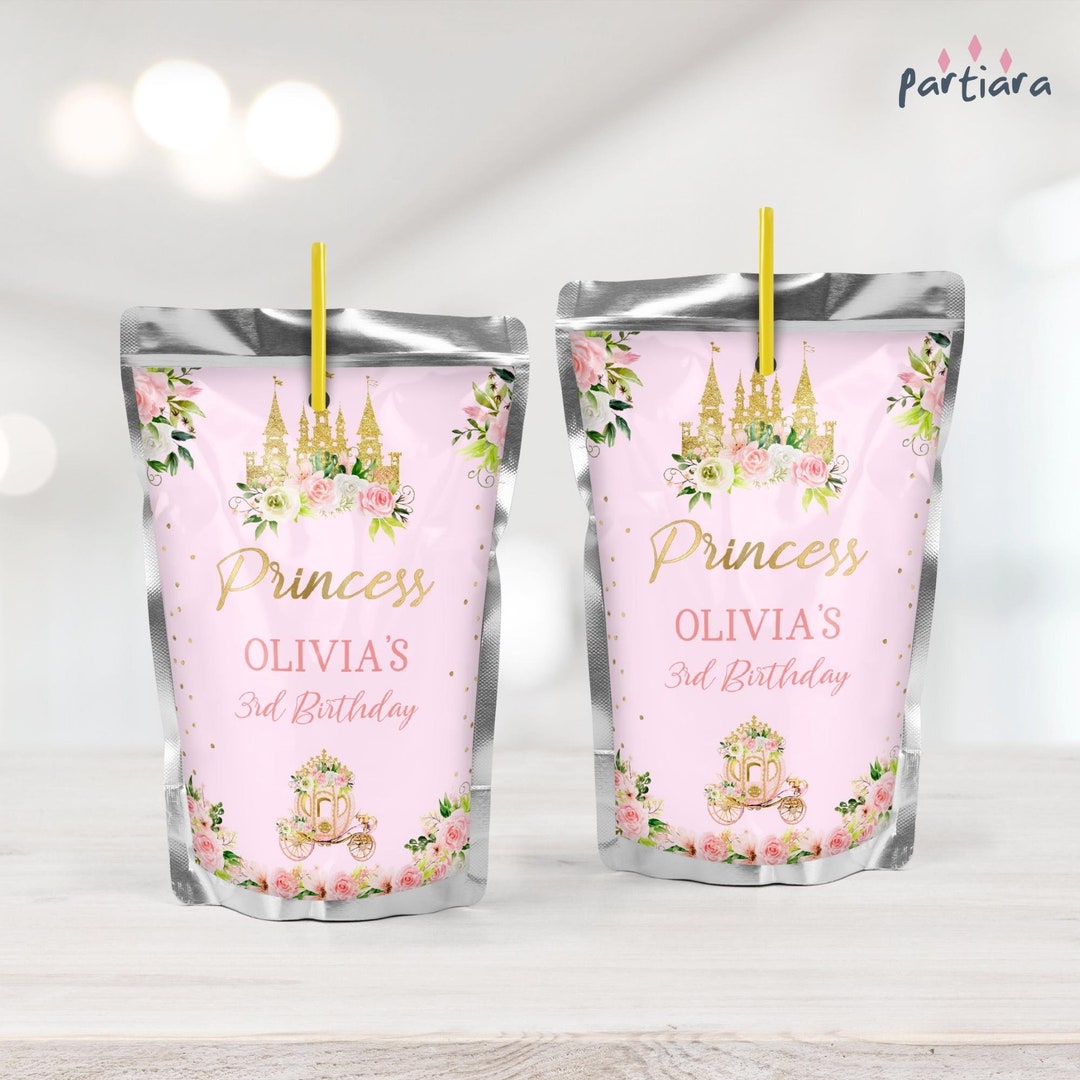 Princess Juice Labels Birthday Party Fairytale Personalised Juice Pouch ...