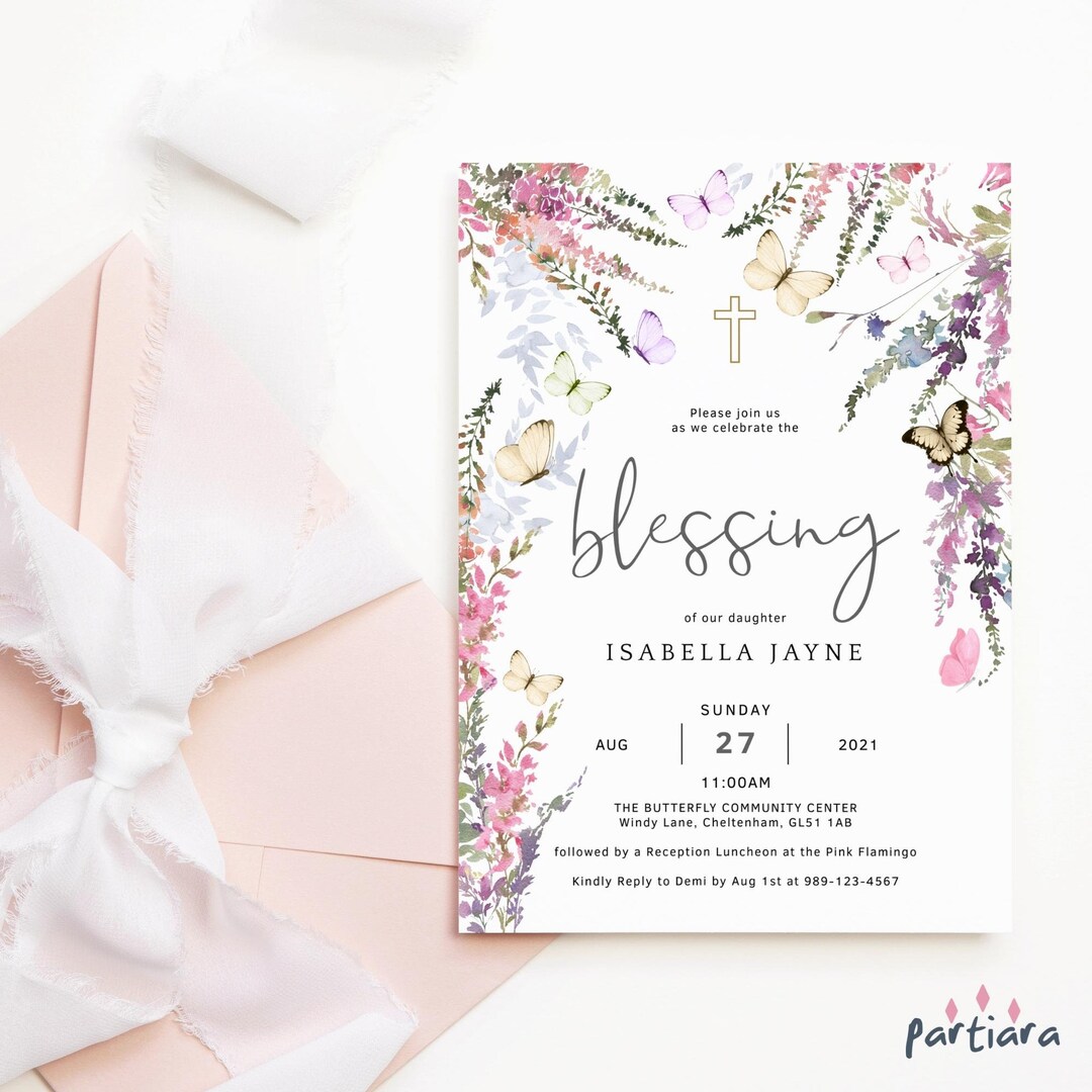 Girl's Blessing Invitation Printable Butterfly Wildflowers Floral Party ...