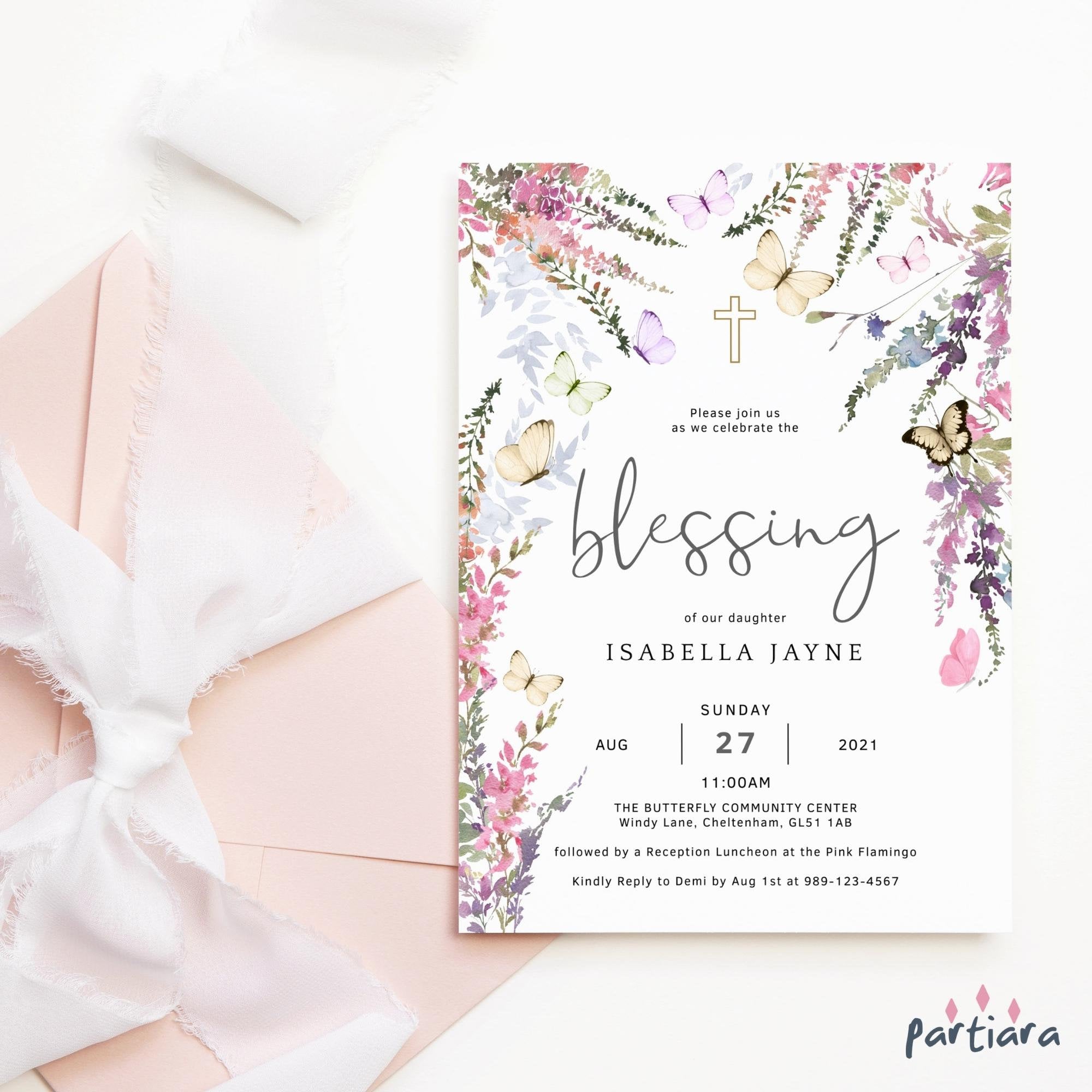 Girl's Blessing Invitation Printable Butterfly Wildflowers - Etsy