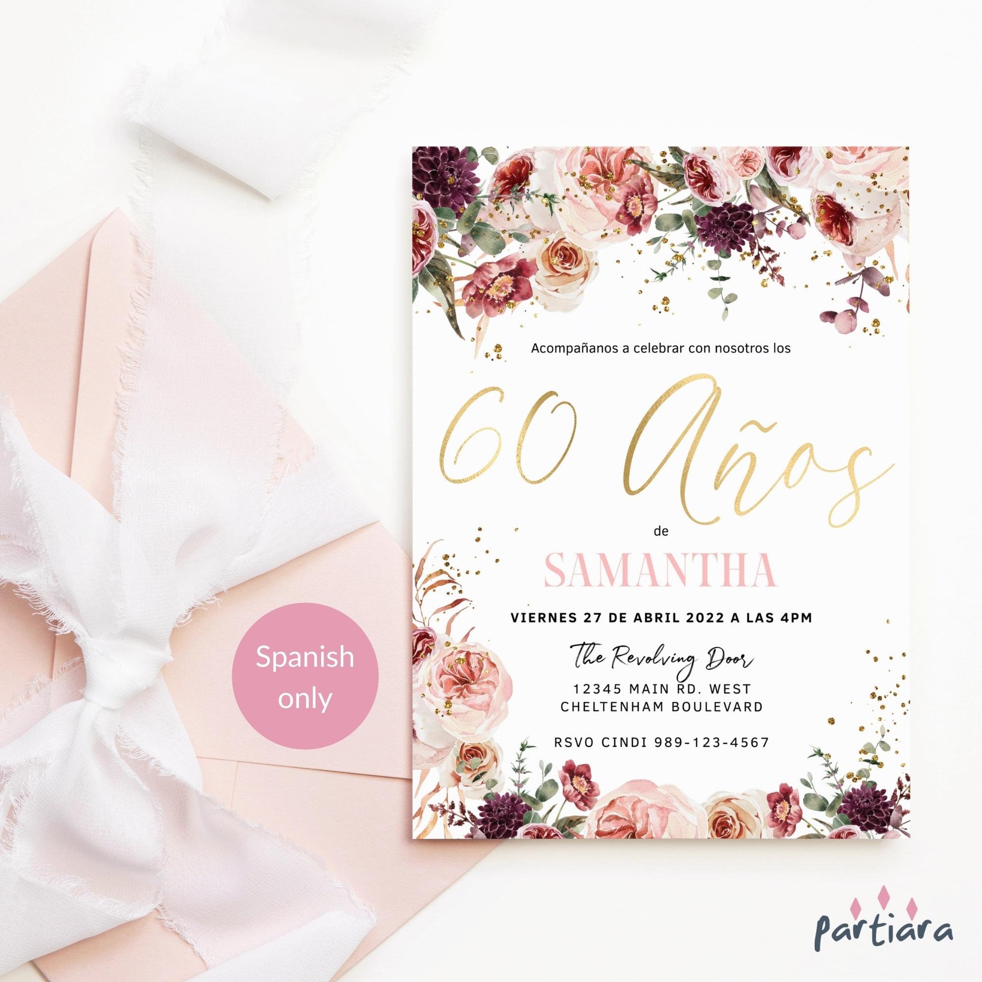 Spanish 60th Birthday Invitation Printable Ladies Floral Blush | Etsy