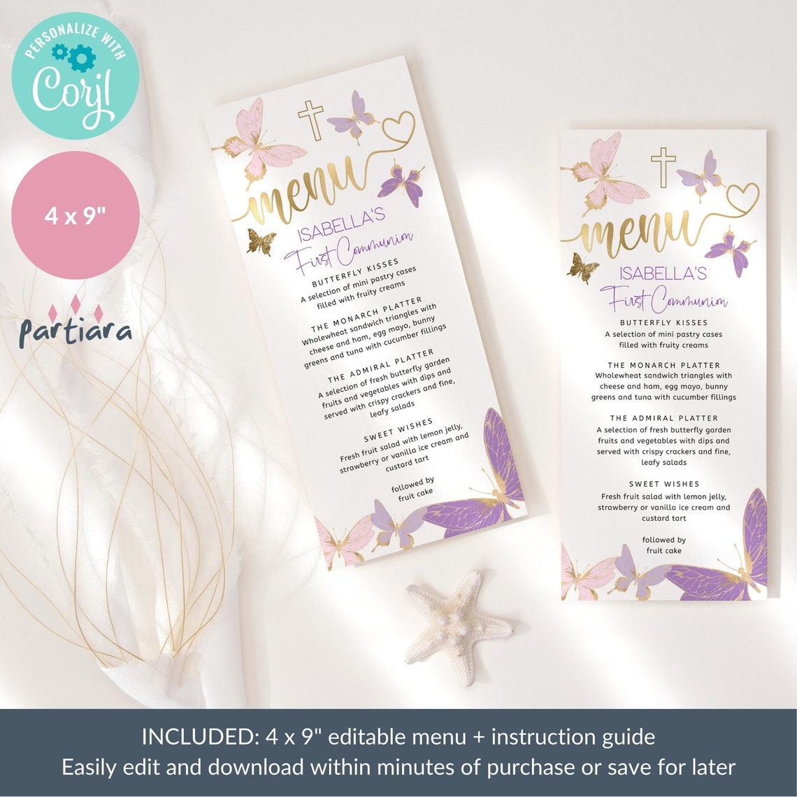 Butterfly Menu Template, Girl Holy Communion Party Table Menus ...