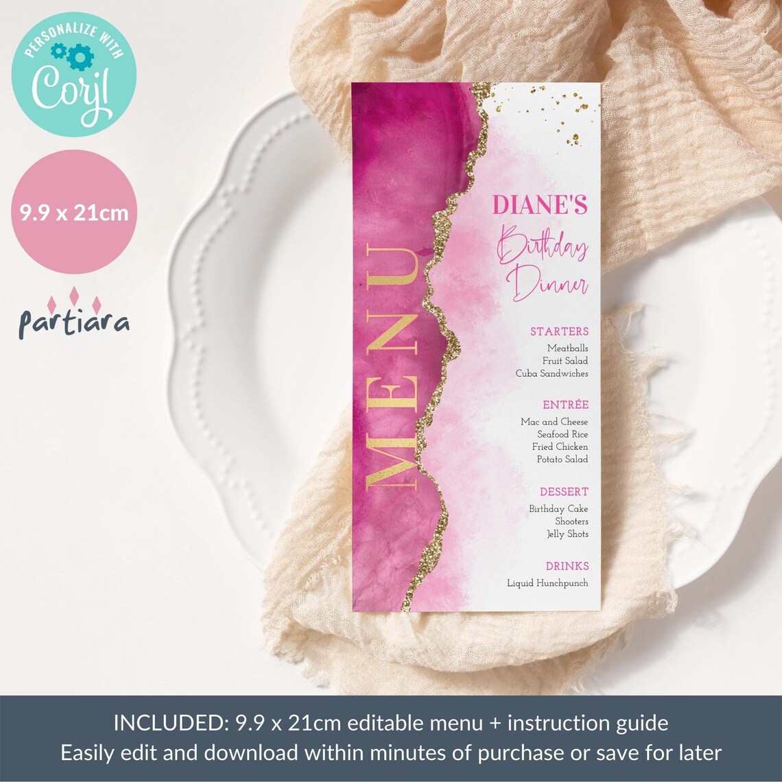 Fuchsia Gold Menu Editable Template Ladies Teens Girls Birthday ...