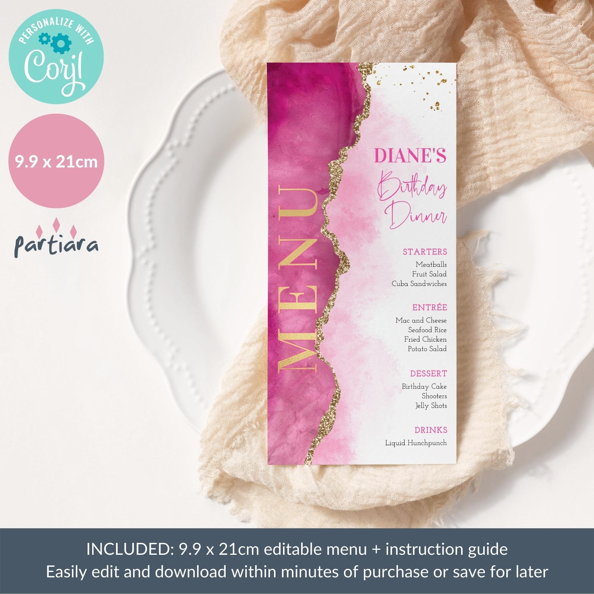 Fuchsia Gold Menu Editable Template Ladies Teens Girls Birthday ...