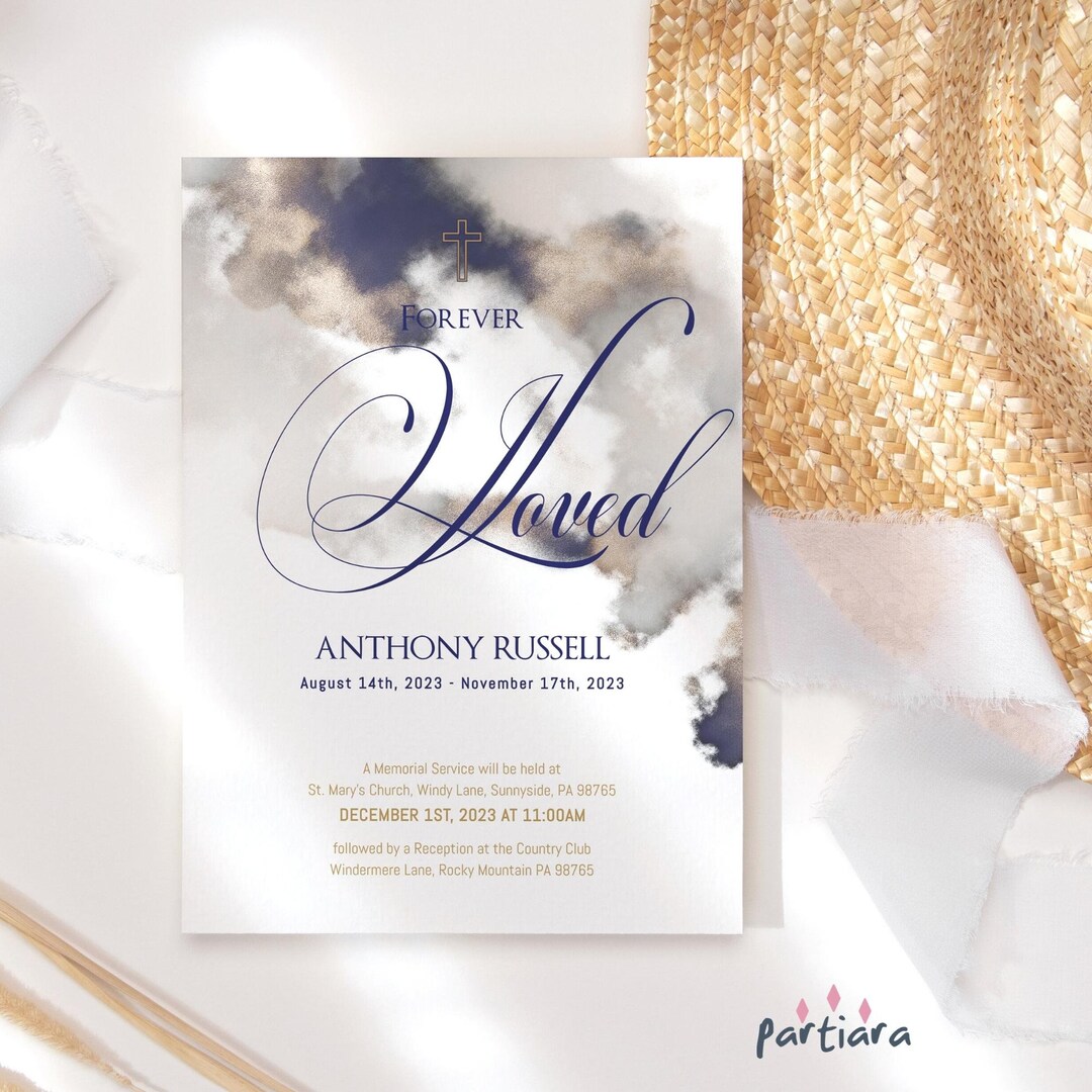 Forever Loved Funeral Announcement Editable Template, Navy Blue Gold ...