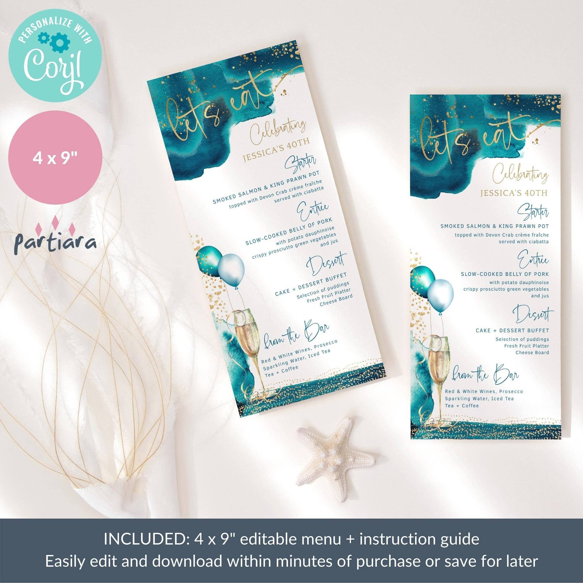 Birthday Menu Cards Editable Teal Gold Party Table Menus | Etsy