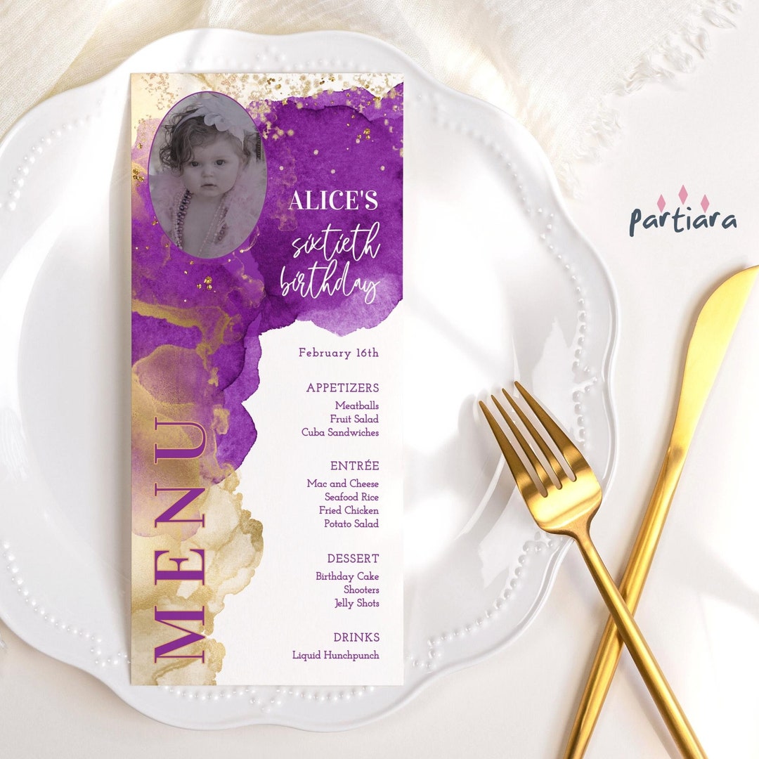 Purple Menu Cards, Birthday Table Menus, Ladies Retirement Party ...