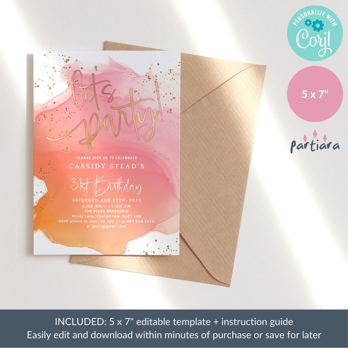 Editable Pink Orange Party Invite Birthday Invitations Printable Bridal ...