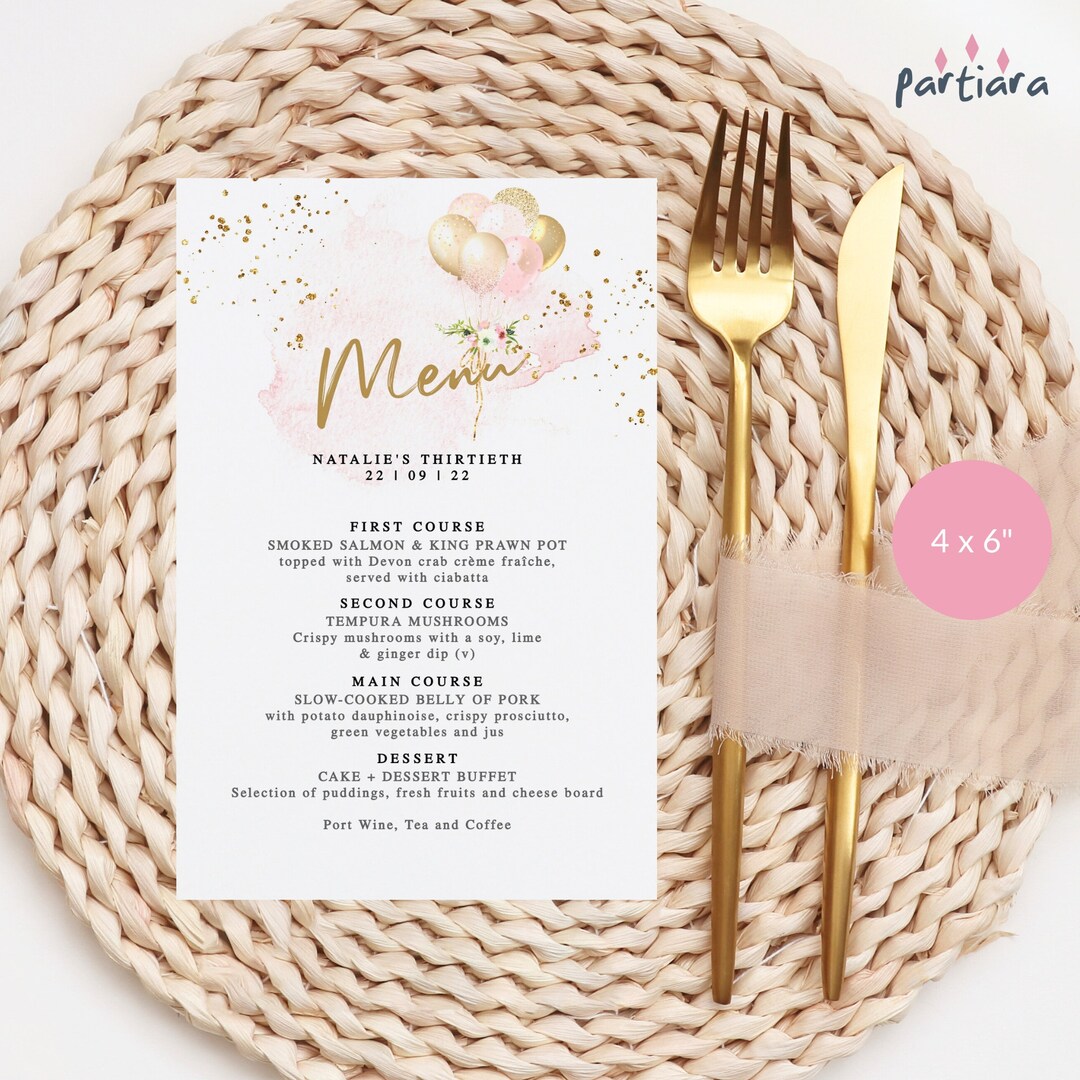 Girls Party Menu Card Template, Birthday Brunch Menus Printable, Ladies ...