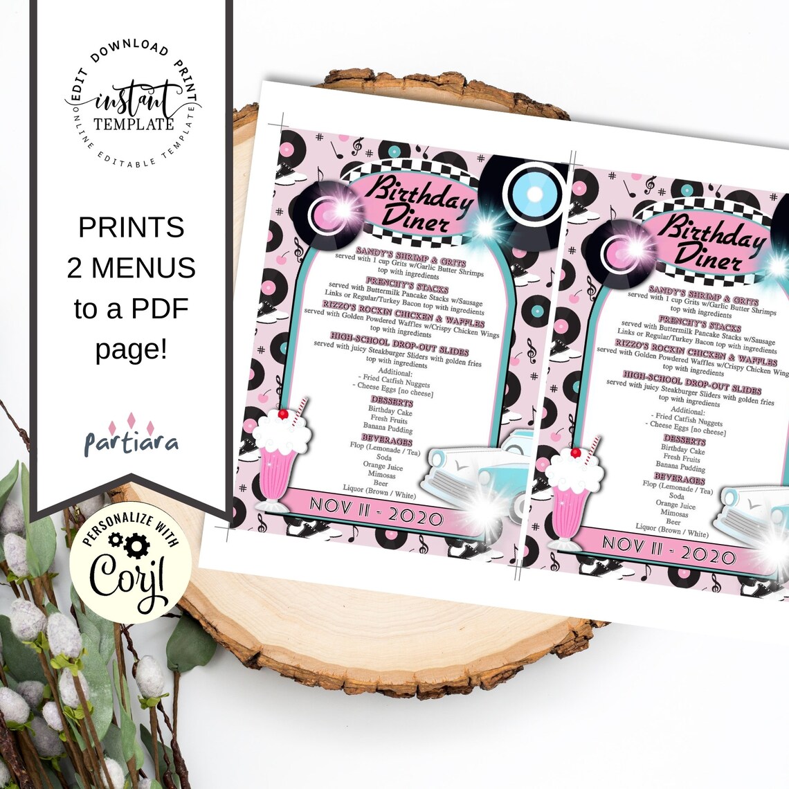 Editable 50s Diner Menu Card Template Retro Birthday Party | Etsy Australia