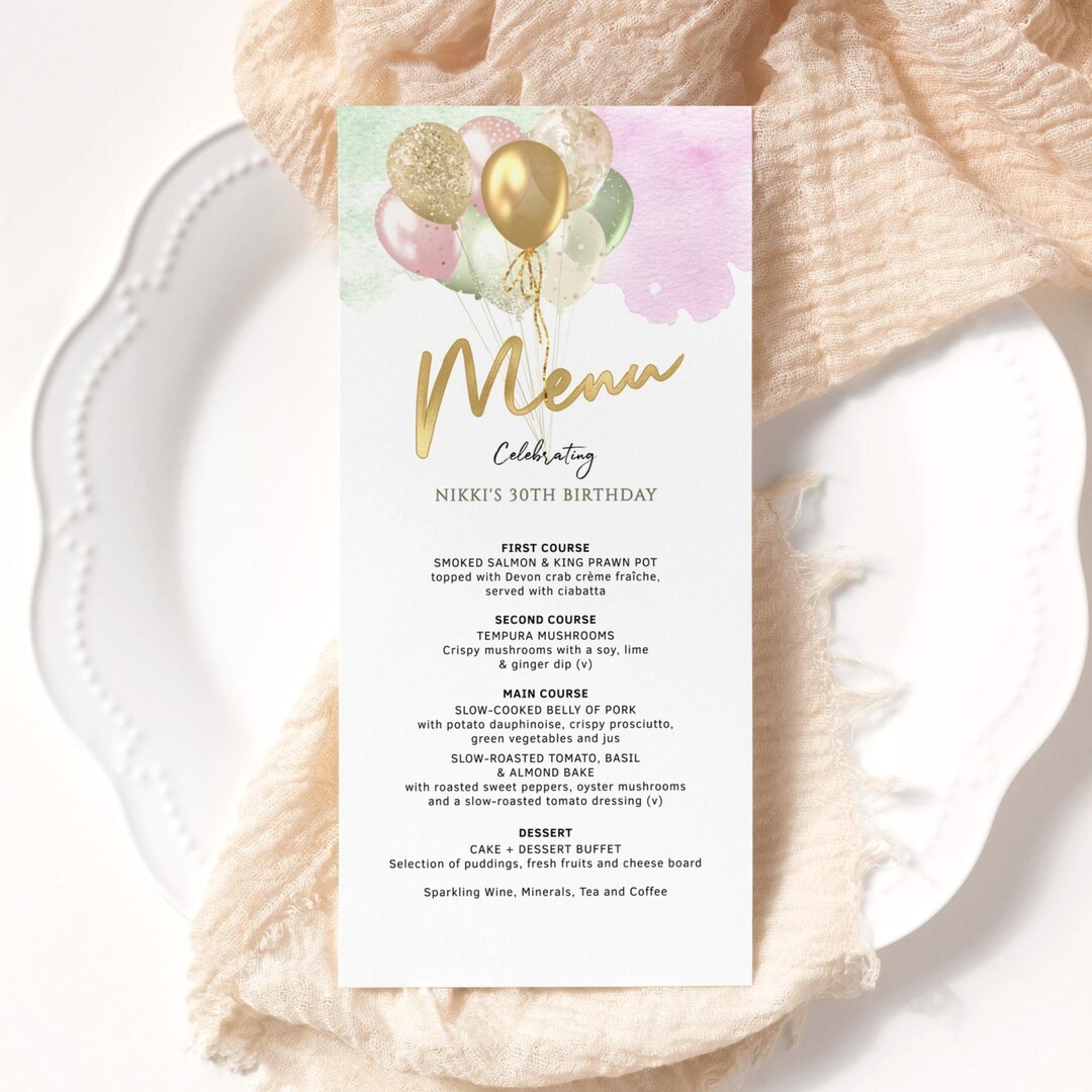 Birthday Menu Template, Girls Dinner Party Menus Printable, Sage Green ...