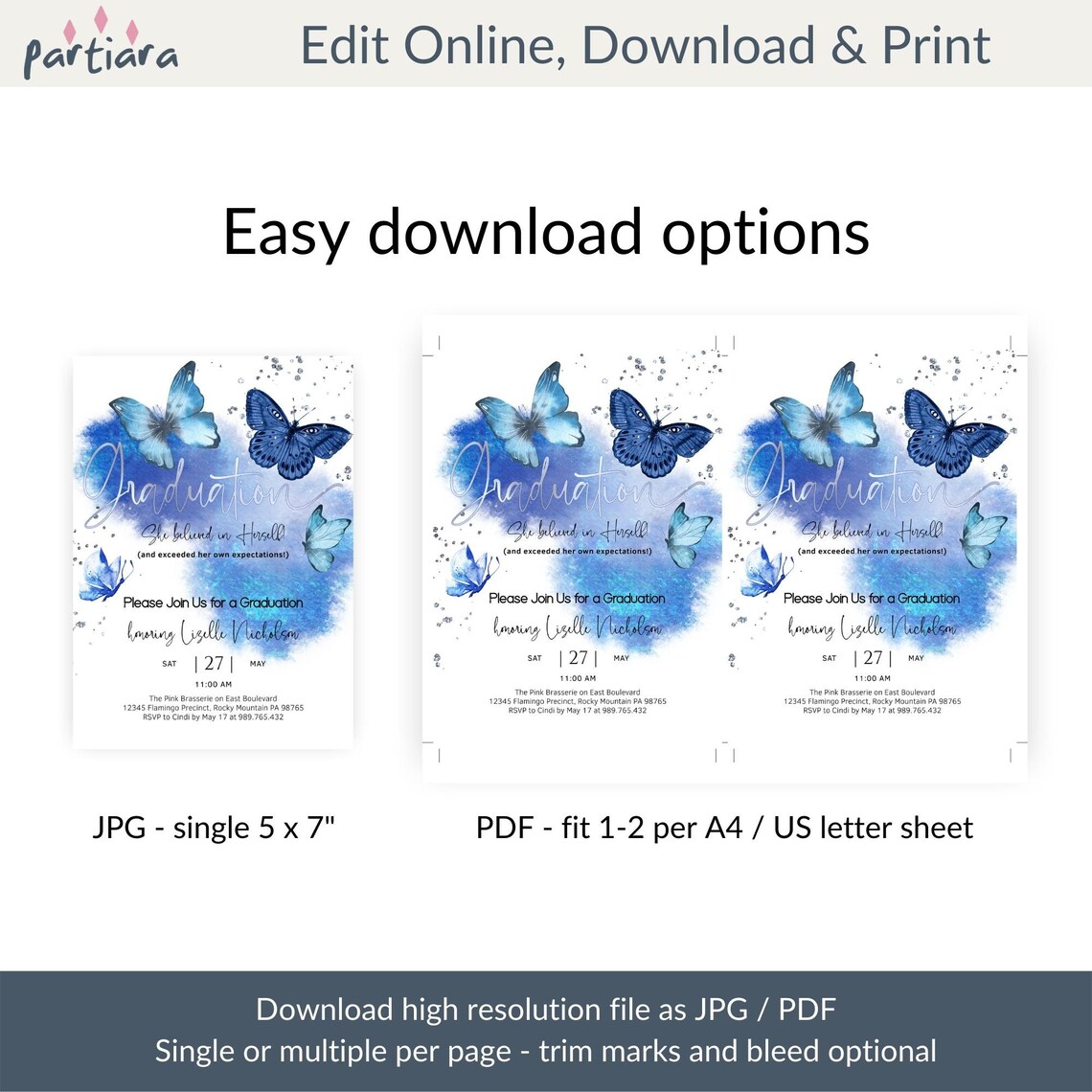 Royal Blue Graduation Party Invitation Printable Ladies Silver - Etsy