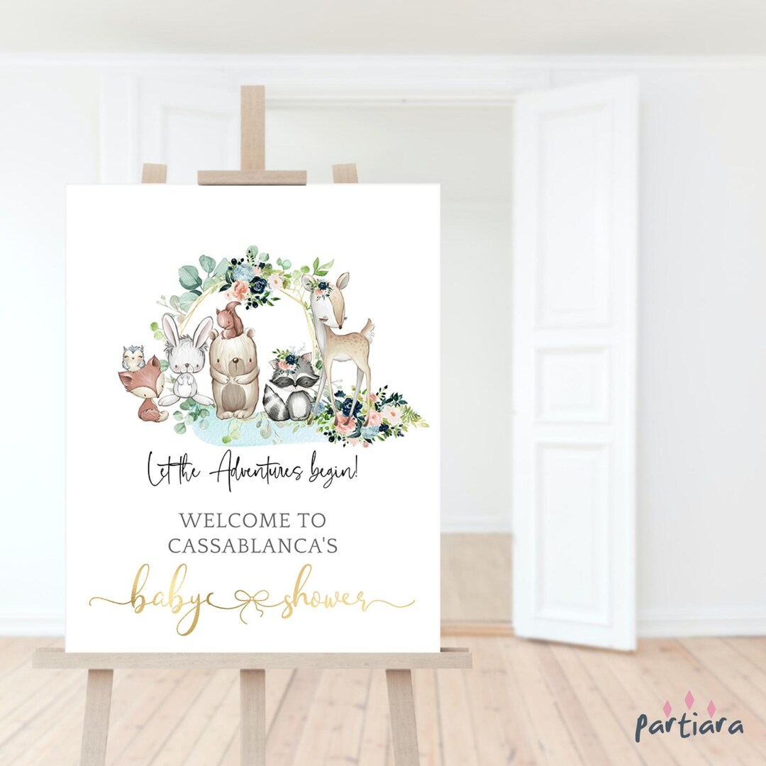 Baby Shower Woodland Animals Welcome Sign Printable Boy Girl Blue Pink ...