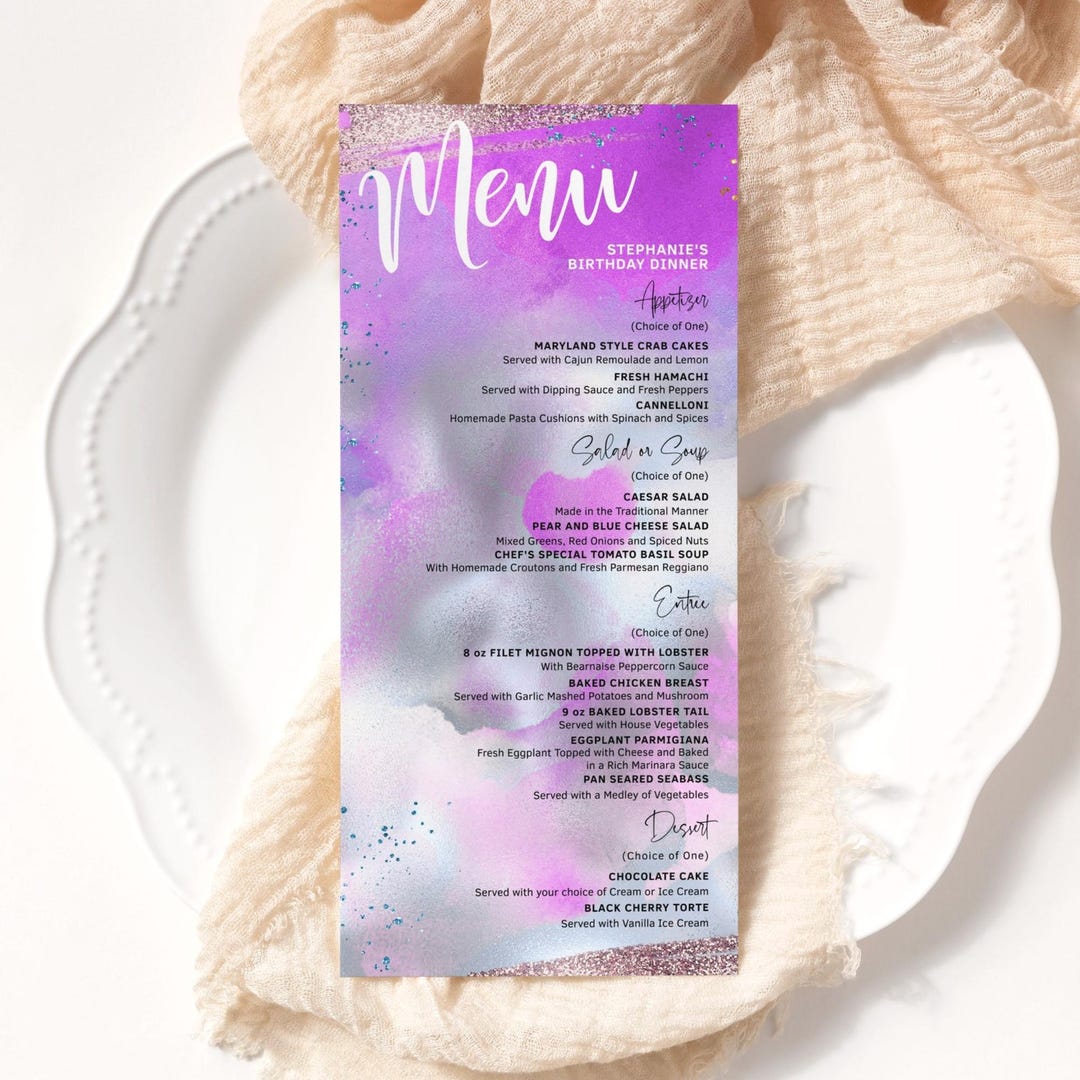 Purple Menu Template Birthday Dinner Party Plate Menus Printable, Teen ...