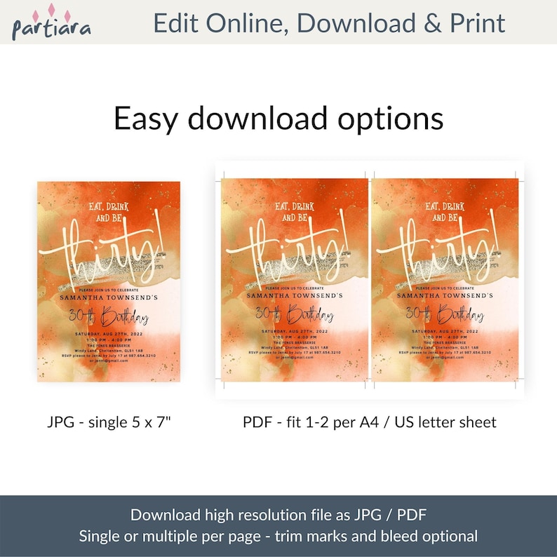 30th Birthday Dinner Drinks Party Invite Printable Orange Gold - Etsy