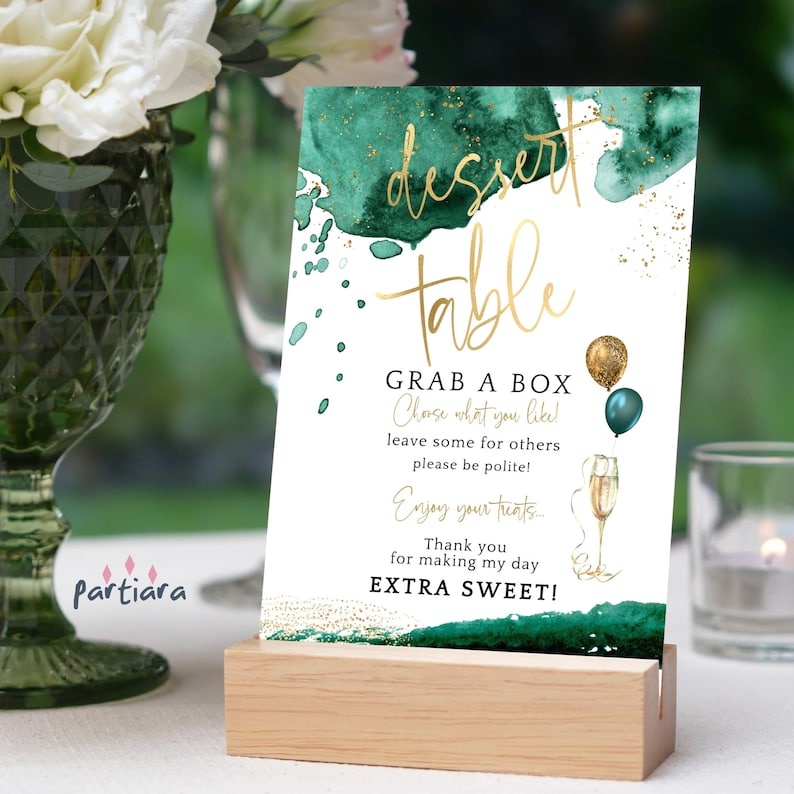 Birthday Dessert Table Sign Candy Sweets Favors Emerald Green Gold ...