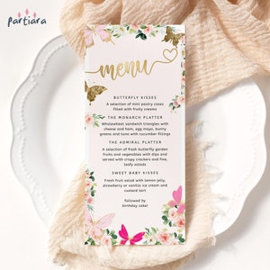 Girl Birthday Menu Butterfly Floral Party Table Menus Baby Bridal ...