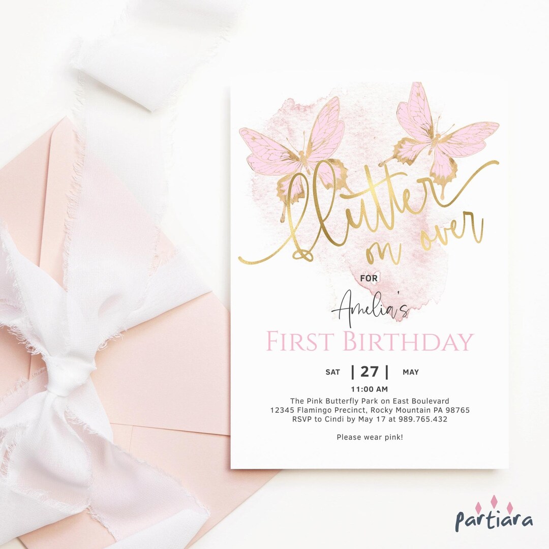 Girl 1st Birthday Invite Butterflies Flutter on Over Tea Party ...