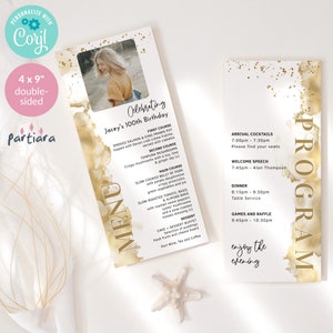 Editable Menu Program Card Template, Ladies All White and Gold Birthday ...