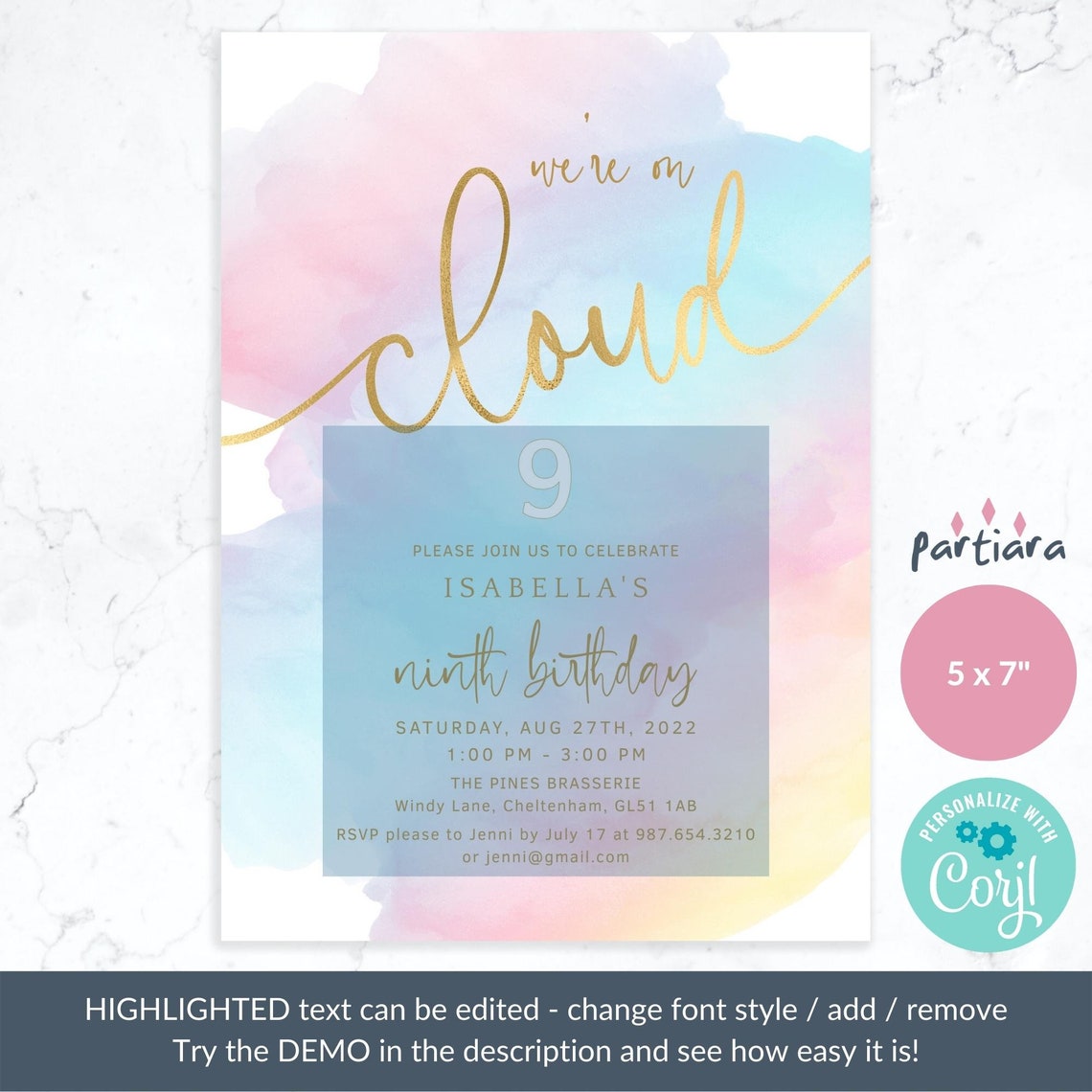 Pastel Rainbow Cloud Birthday Invitation Printable Girl's - Etsy