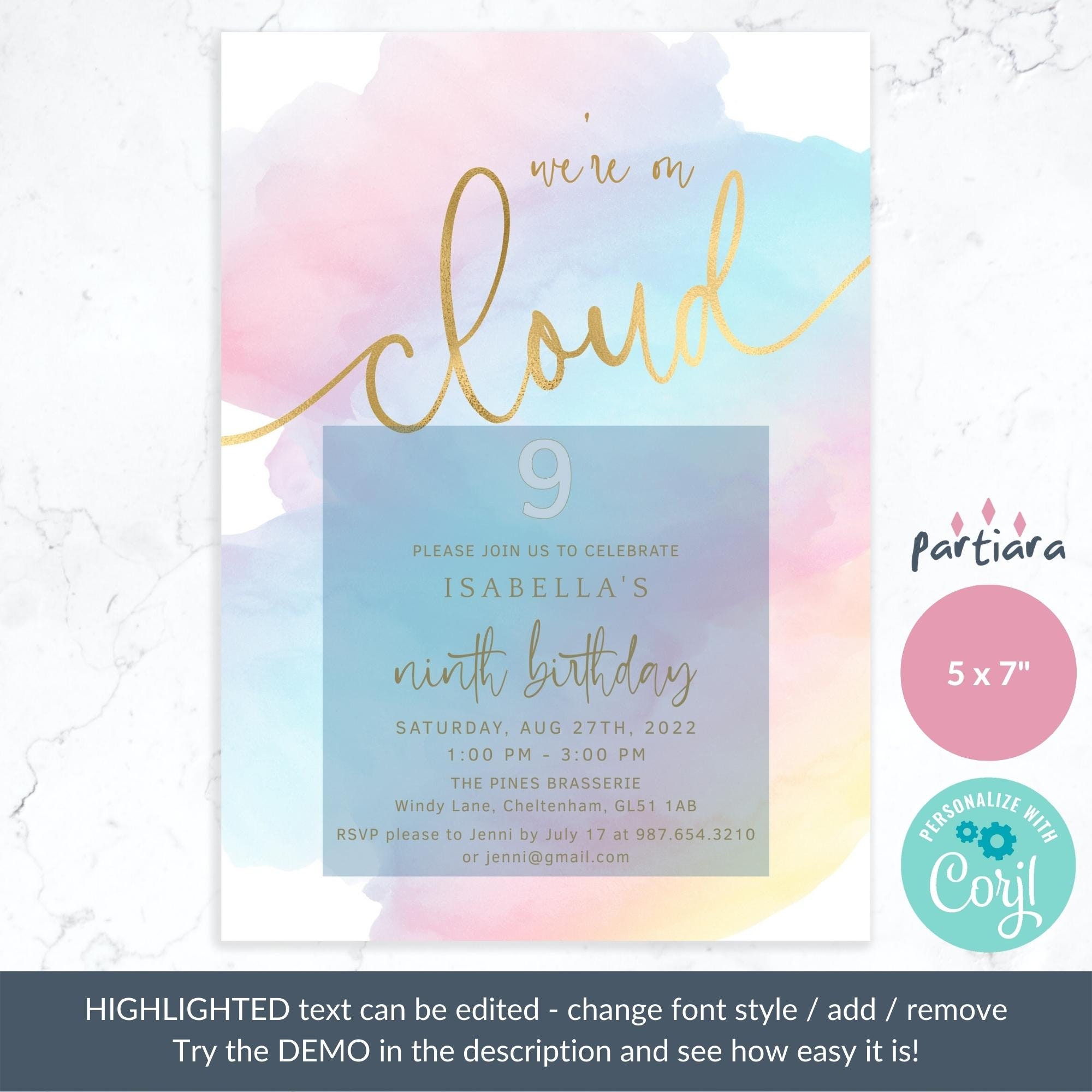 Pastel Rainbow Cloud Birthday Invitation Printable Girl's - Etsy