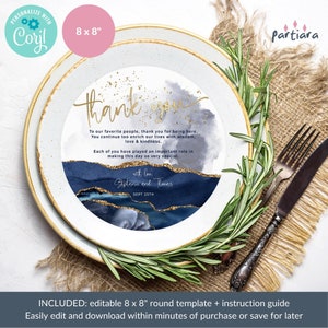 Navy Blue Gold Thank You Plate Charger Printable Wedding Reception ...