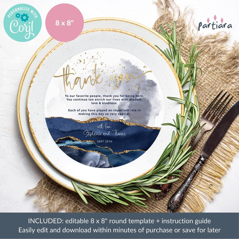 Navy Blue Gold Thank You Plate Charger Printable Wedding - Etsy