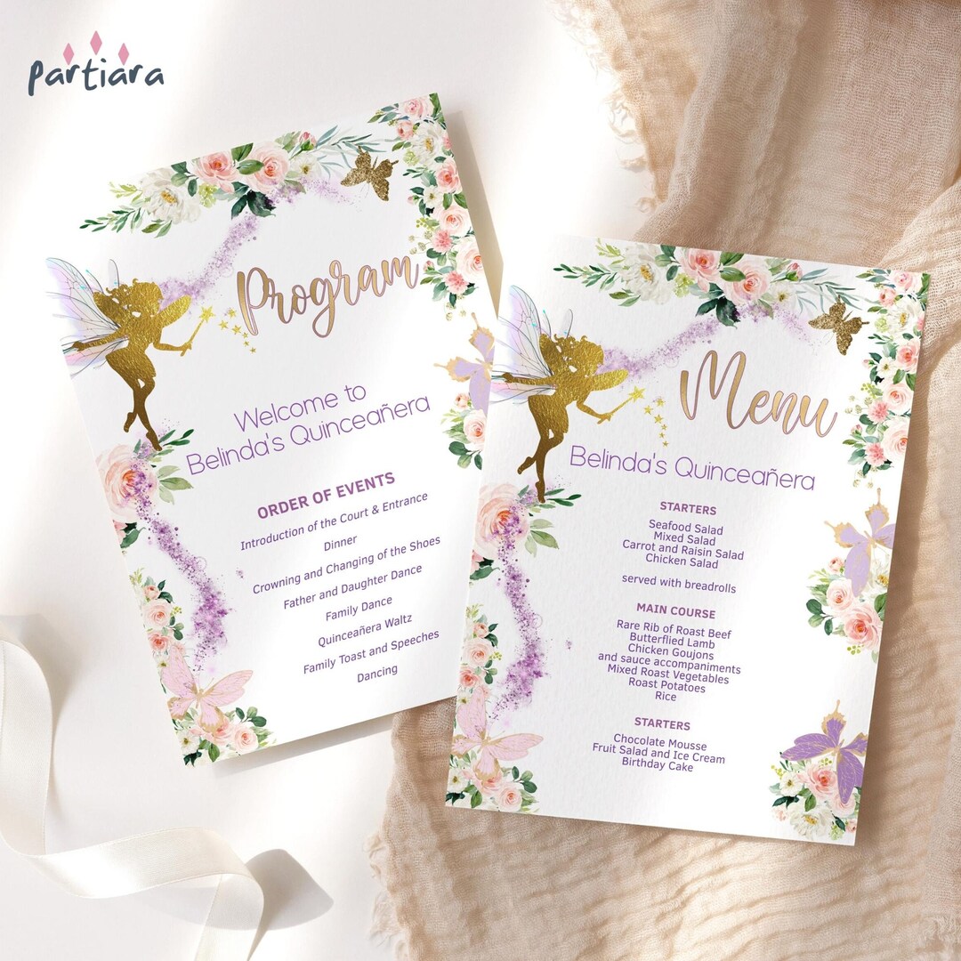 Butterfly Fairy Menus Girls Birthday Party Table Menu and Program Card ...