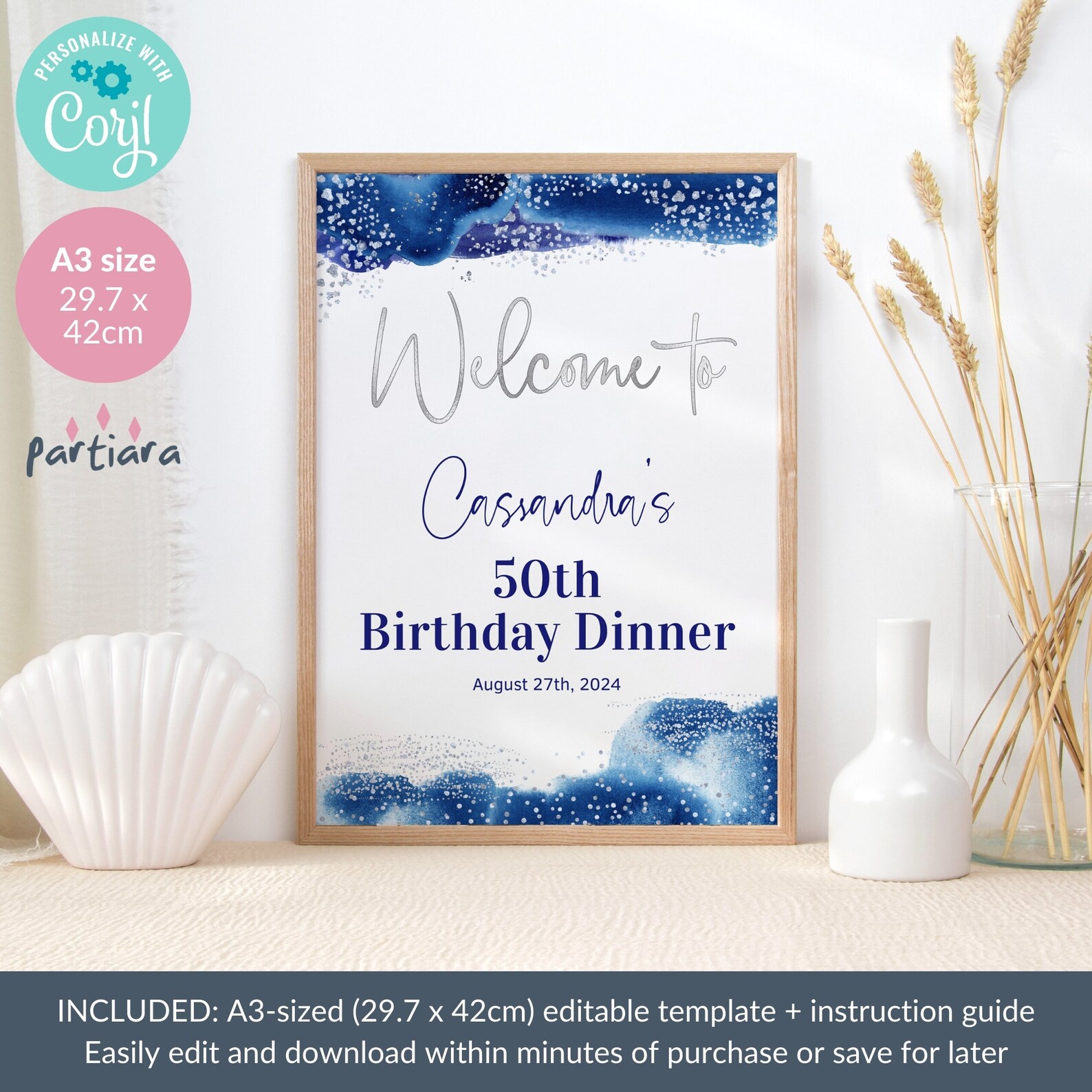 Blue Silver Welcome Sign, Birthday Party Welcome Board, Men or Ladies ...