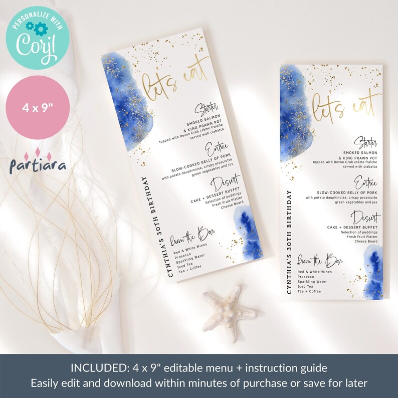 Editable Blue Menu Template, Royal Blue Birthday Menus Printable ...