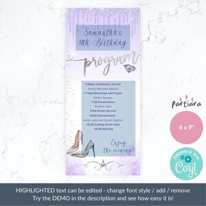 Diamond Heels Birthday Program Printable Ladies 80th Birthday Dinner Party Table Programs Lilac ...