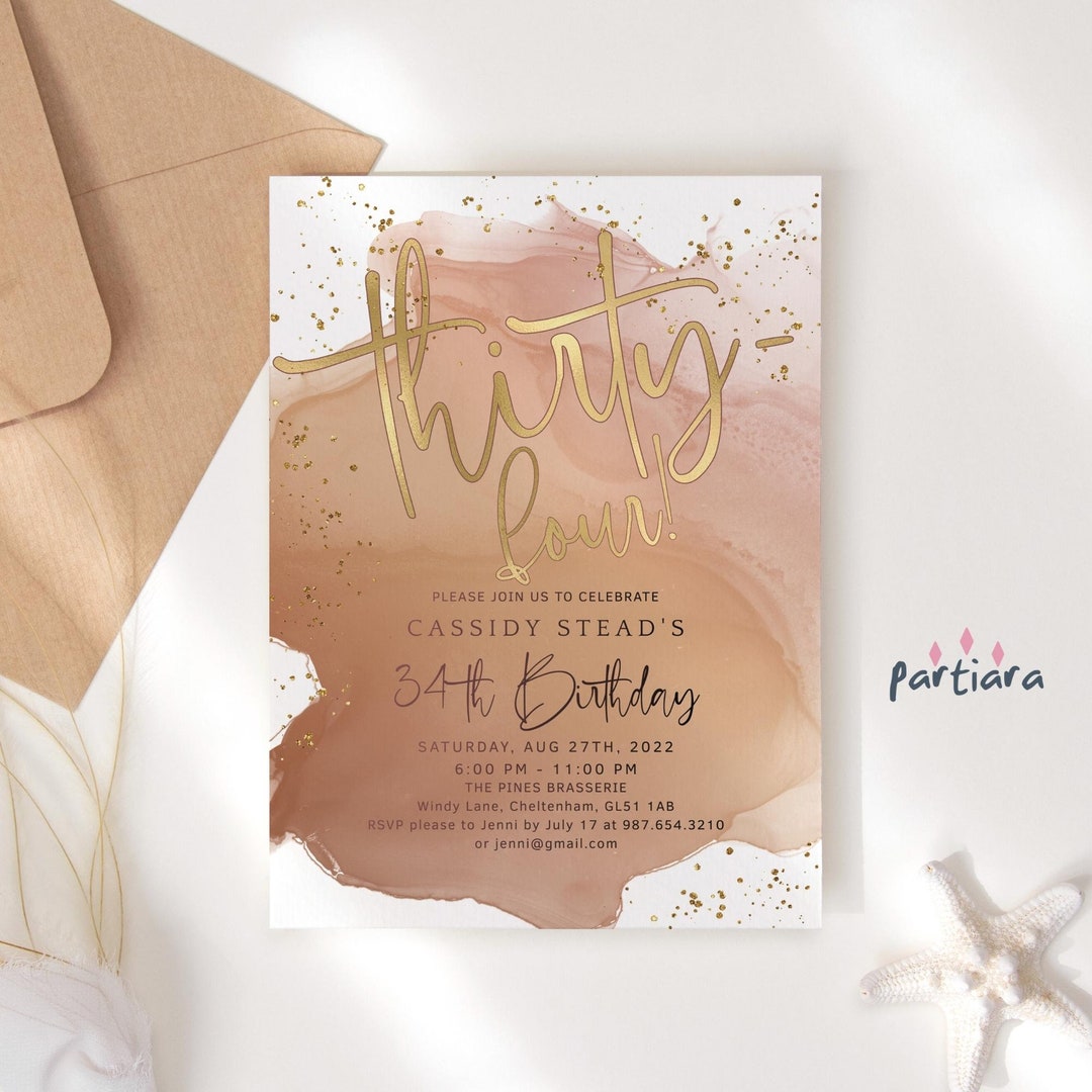 34th Birthday Invite Browns Golds Ladies Editable Brunch Lunch Dinner ...