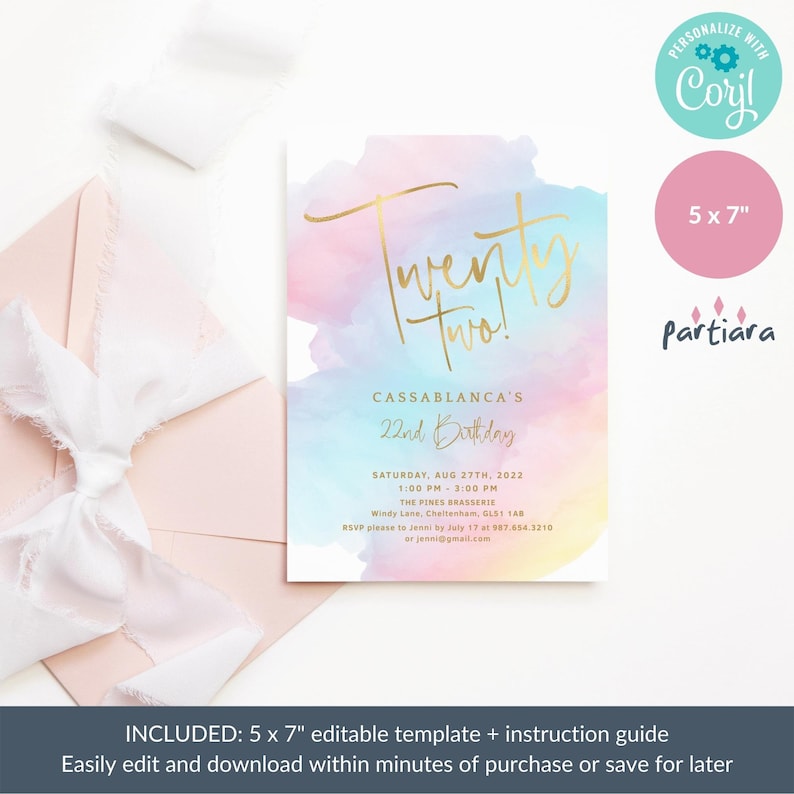 22nd Birthday Invitation Template: Girls Rainbow Brunch Lunch or Dinner ...